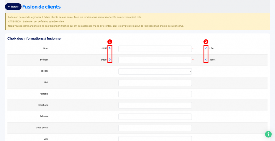 Fusionner des fiches clients