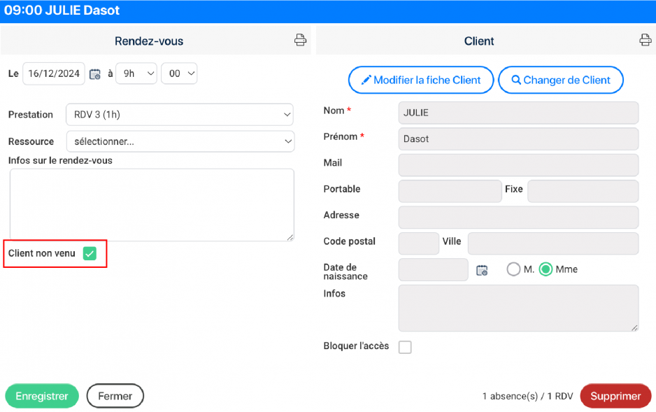 Notifier les absences de mes clients (client non venu)